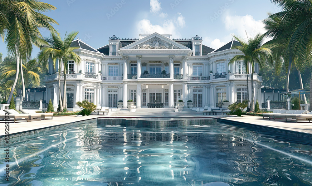 luxurious decor house with huge swimming pool . Front view of villa ...