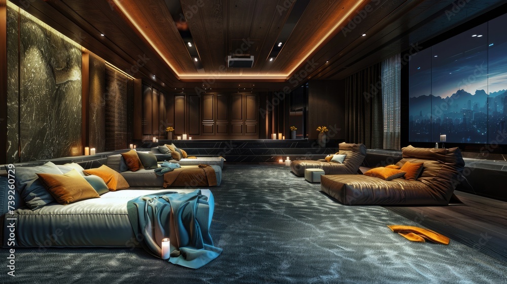 Design a high-tech home theater system with plush seating and surround ...
