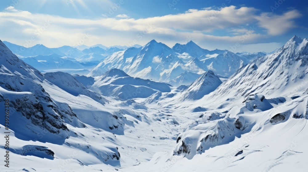 Snow-covered mountain range from the air, peaks and valleys highlighted ...