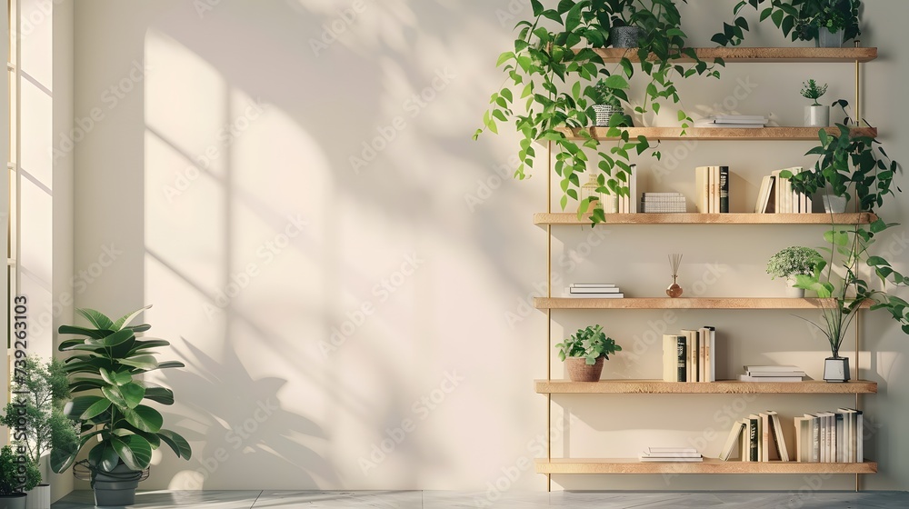 A contemporary-style bookshelf adorned with plants that serves as a ...