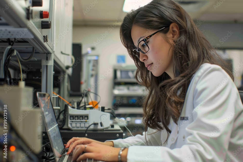 Female scientist engaged in groundbreaking research detailed portrait ...