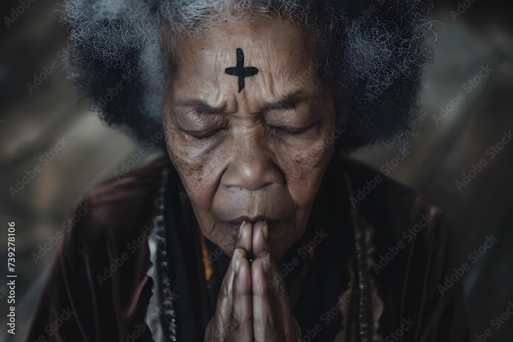 Elderly multiracial woman praying with an ashen cross on her forehead ...