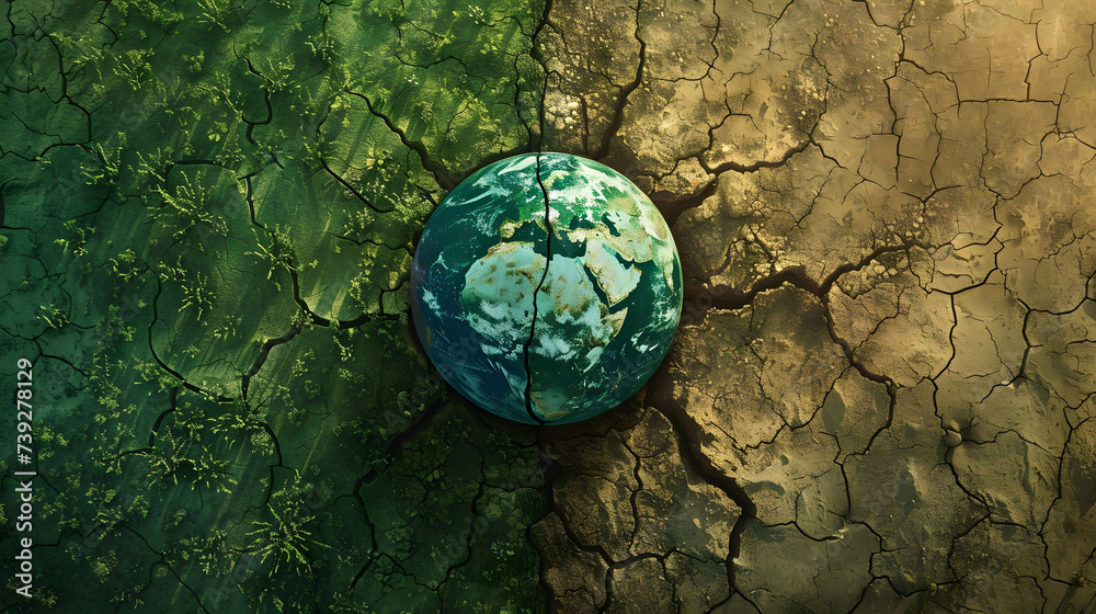 two part of globe earth, beautiful green world on the left side and dry ...