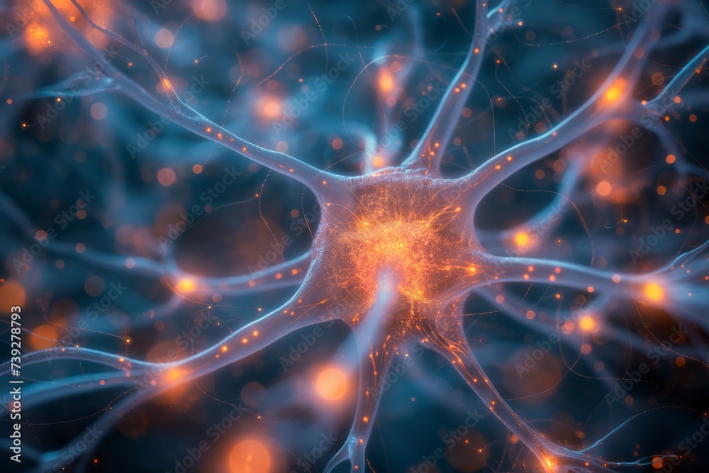 Microscopic view of 3D neurones within the brain, showing semi ...