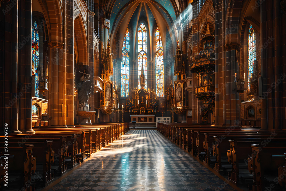 The sunlit aisle of an empty church with ornate architecture, leading ...
