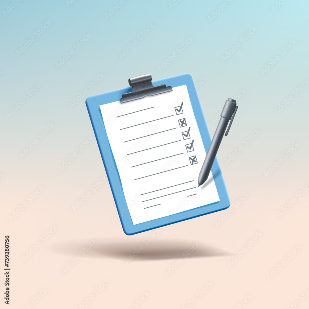 3d blue checklist on clipboard, application with check marks and pen ...