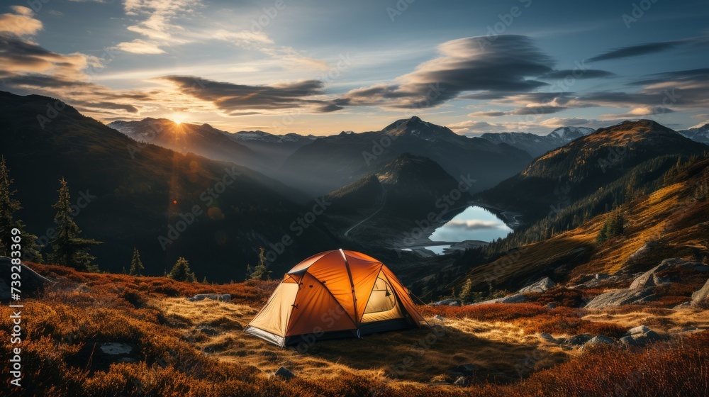 Campsite in a remote area at dawn, tent set up with a view of mountains ...