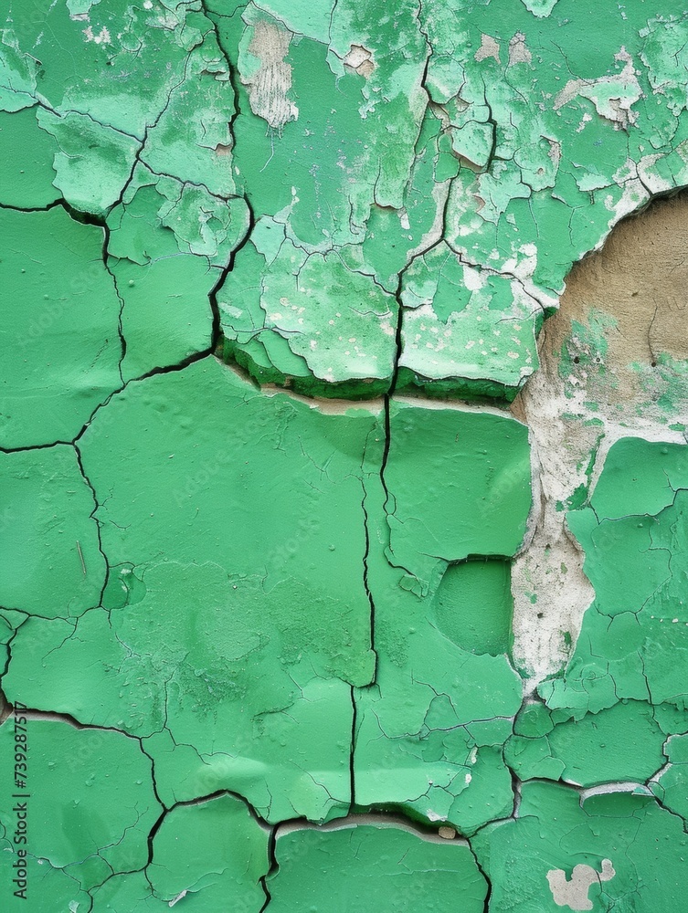 Textured green paint chipping away to reveal the underlying surface, a ...