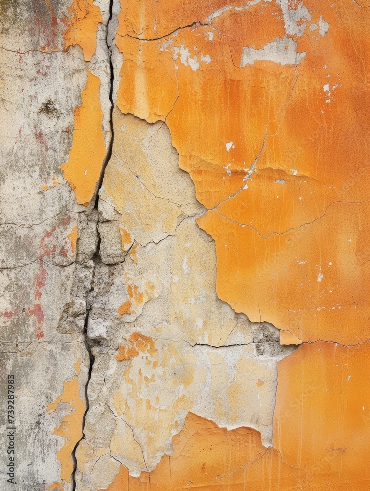Vivid orange paint flakes off a concrete wall, highlighting the ...