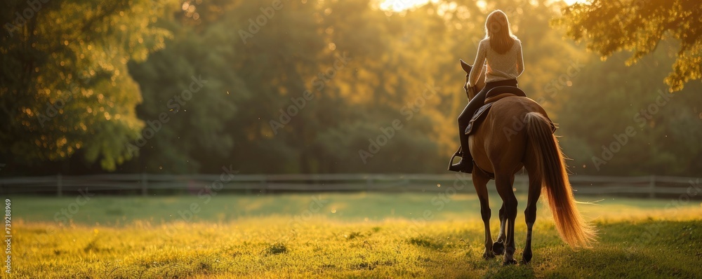 Girl riding on horse rear view shot. Woman practicing a ride on horse ...