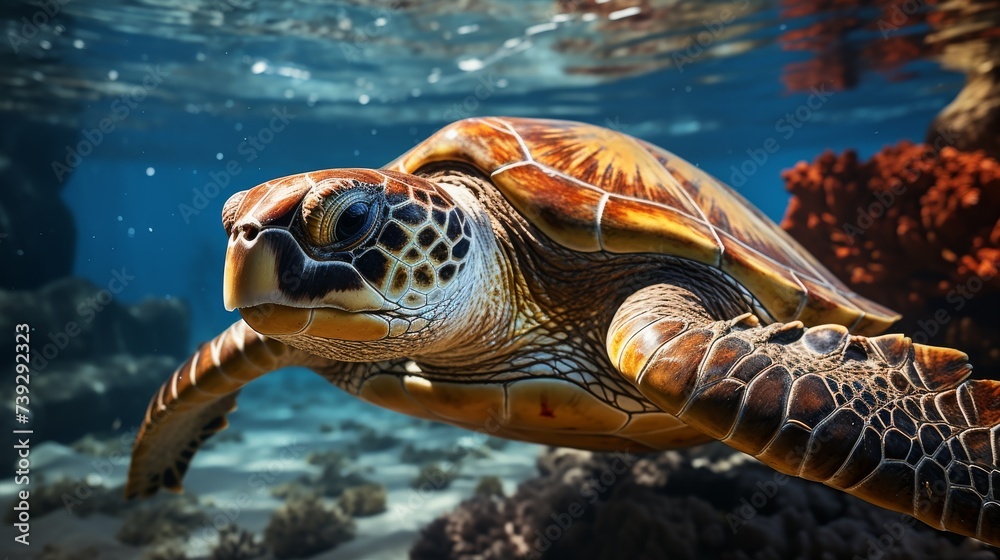 Close-up of a sea turtle gliding over a reef, detailed texture of its ...