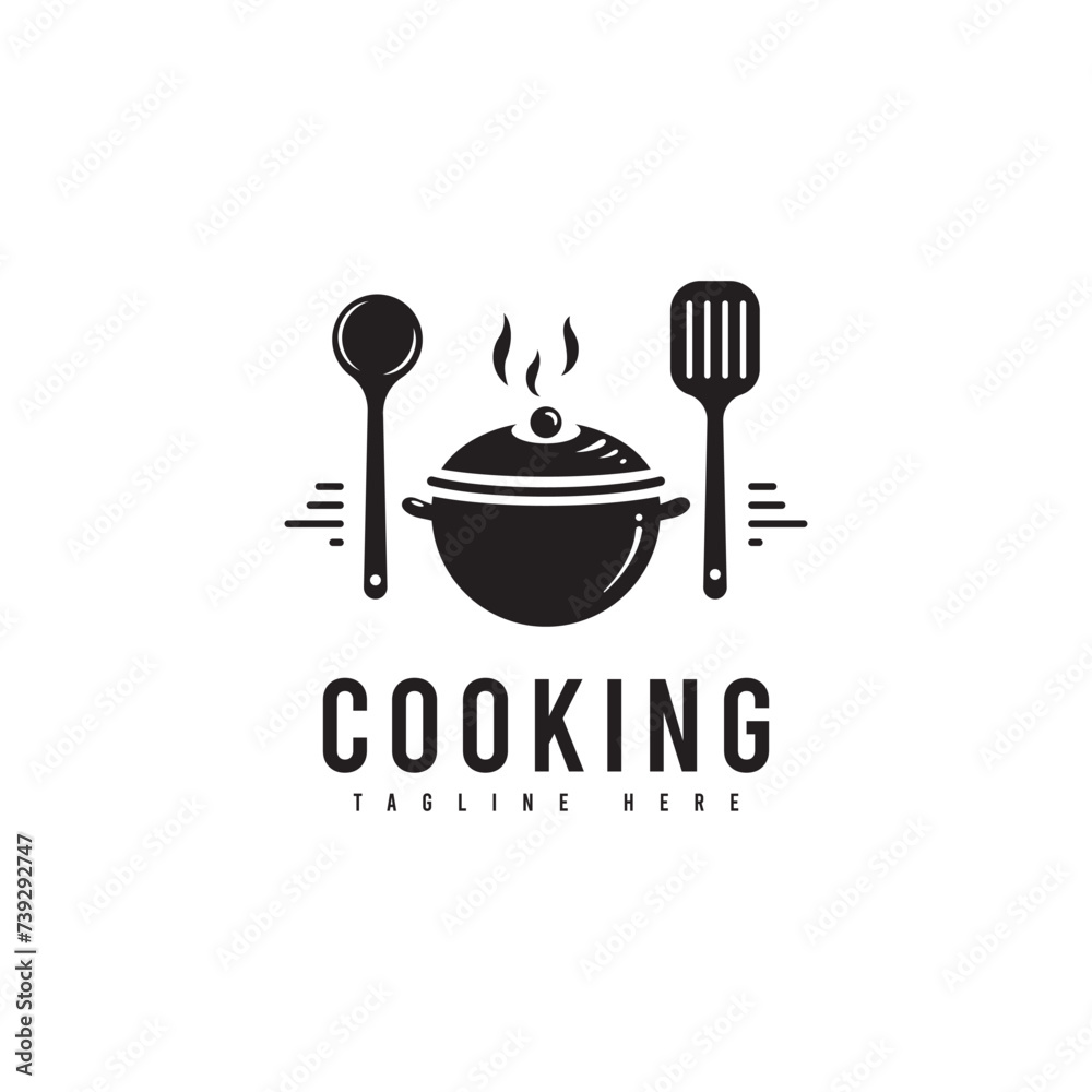 Cooking logo with kitchen tools silhouette object, minimalist style ...