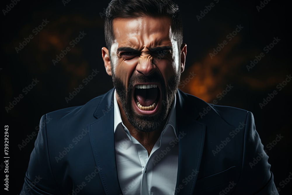 Angry man in formal suit is captured with his mouth open, possibly mid ...