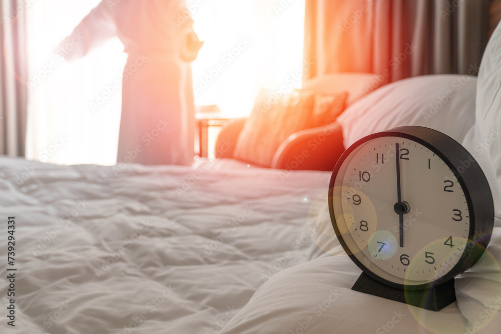 Good day morning with Woman stand near bed wake up stretching in ...