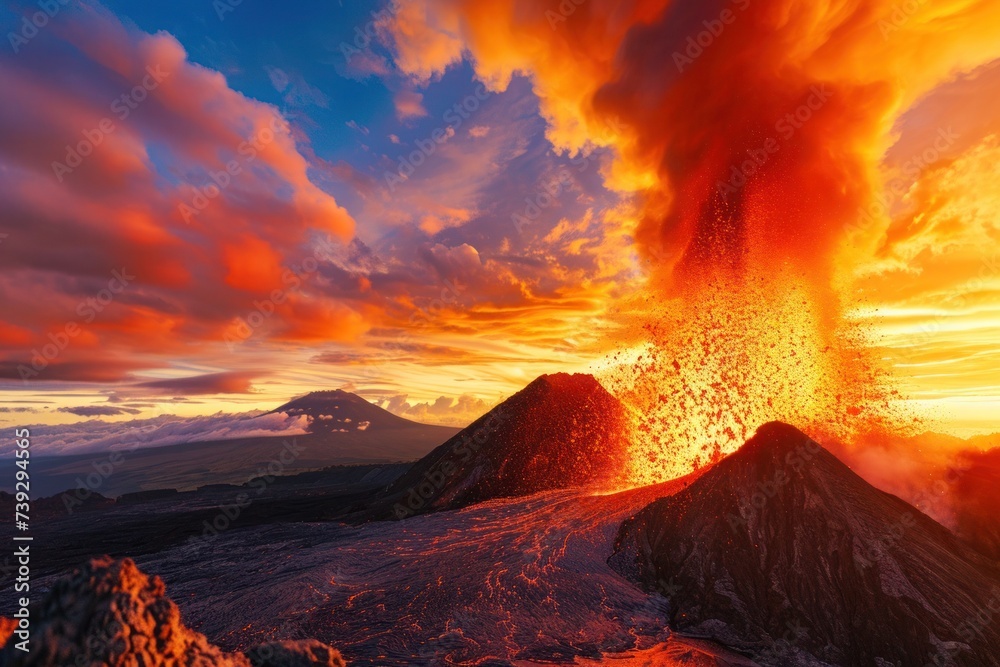Volcanic chaos: molten lava spews from the crater, creating a striking ...