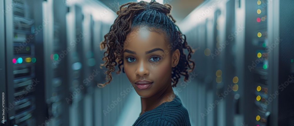 Network, data center, and laptop support for a black woman in a dark ...