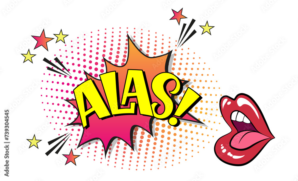 Comic lettering alas. Vector bright cartoon illustration in retro pop ...
