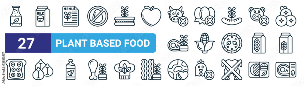 set of 27 outline web plant based food icons such as smoothie, coconut ...