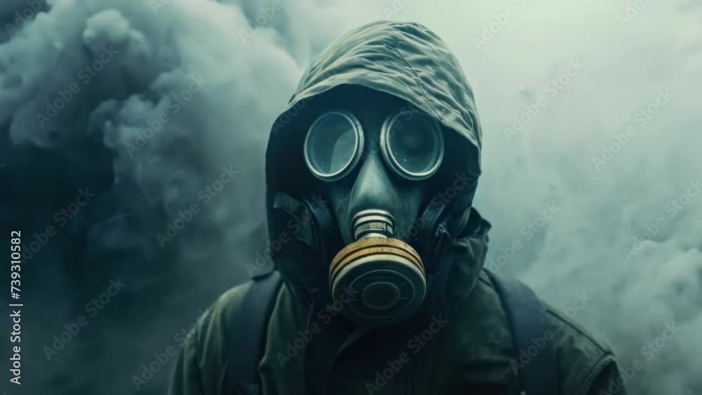 Man wear gas mask. Dangerous toxic radiation. Air pollution concept ...