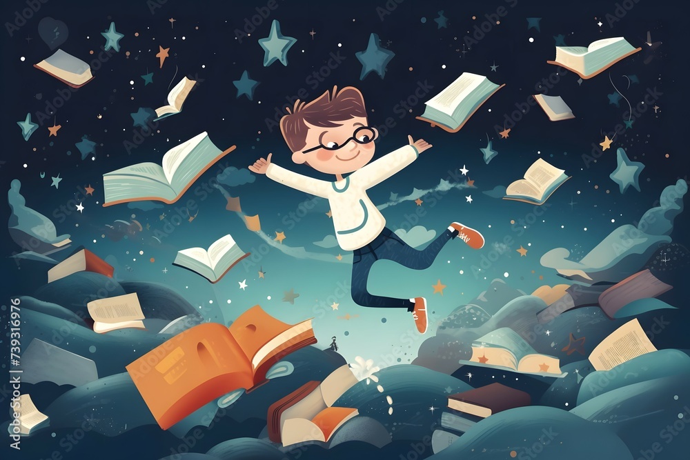 Little boy flying on the big magic book in library with stars ...