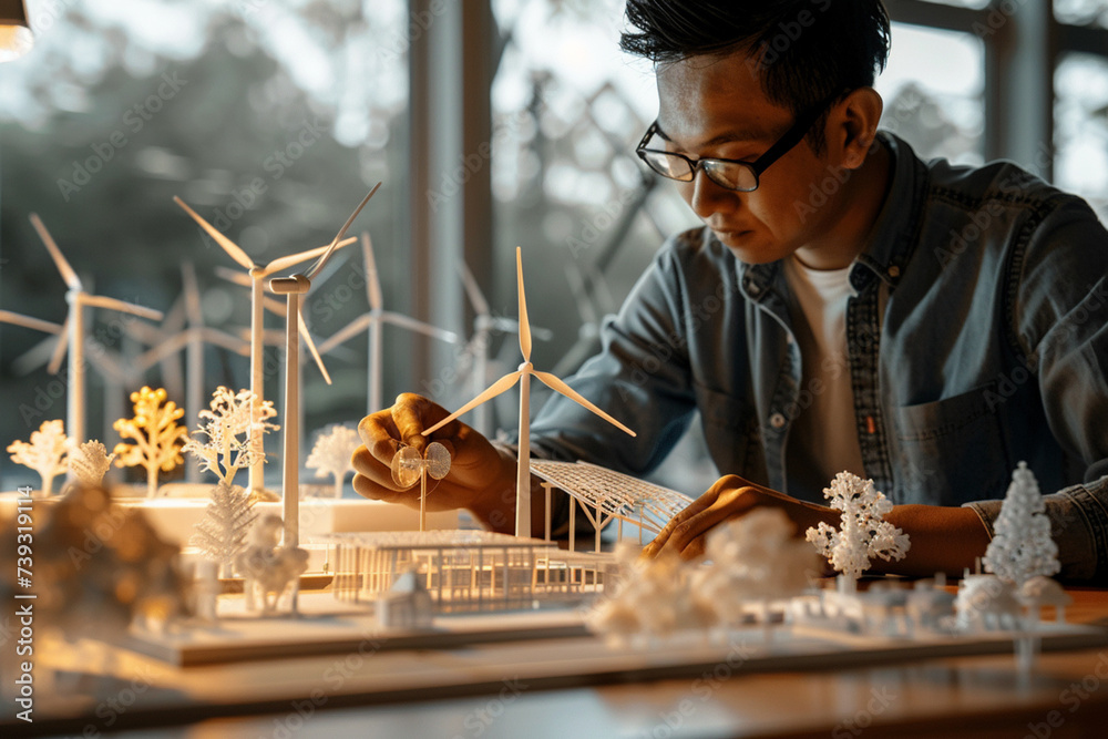 Engineer Collaborating on Eco-Friendly Turbine Design. Engineer engages ...