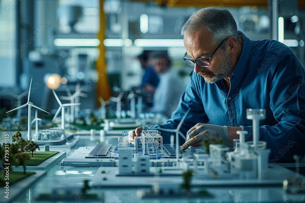 Engineer Collaborating on Eco-Friendly Turbine Design. Engineer engages ...