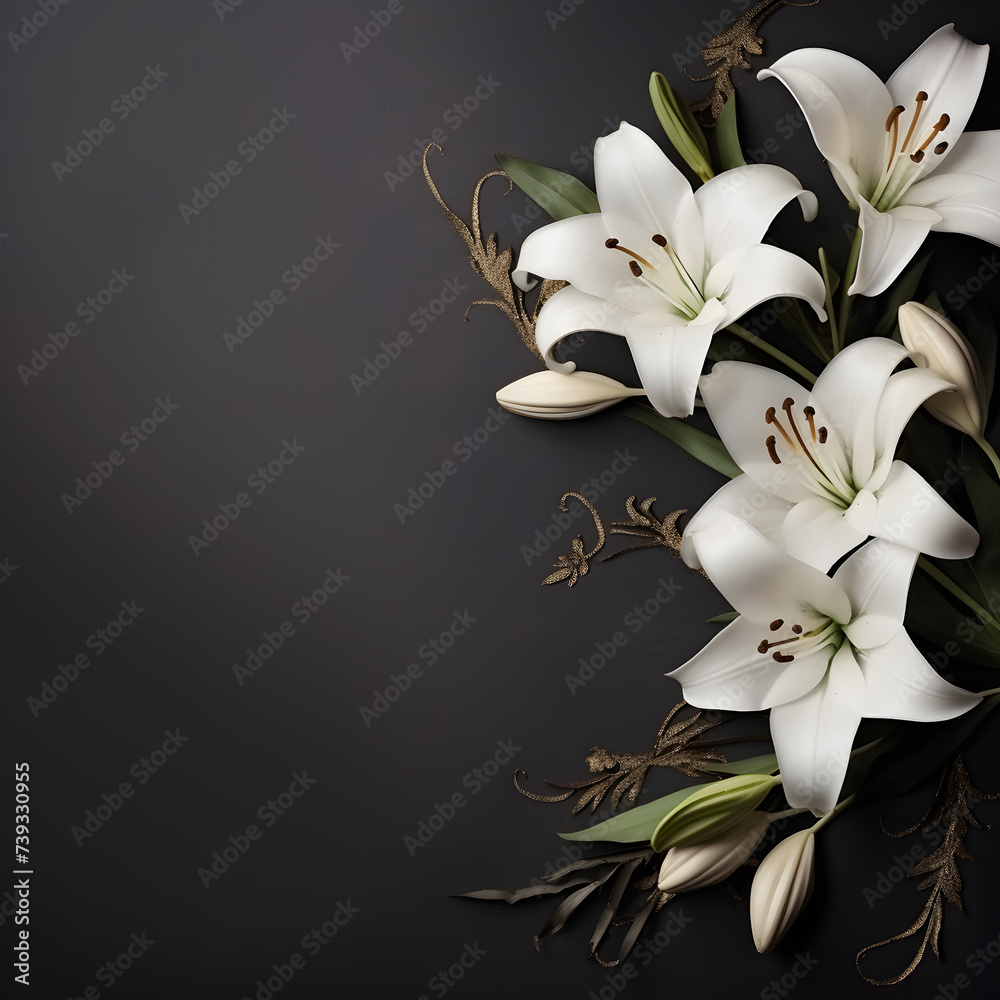 Craft a mourning background with a branch of white lilies, suitable for ...