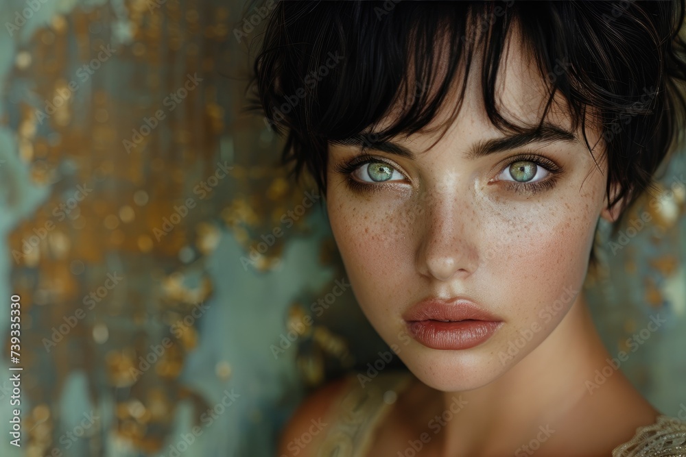 Captivating and unique, a young woman with a pixie cut and green eyes ...