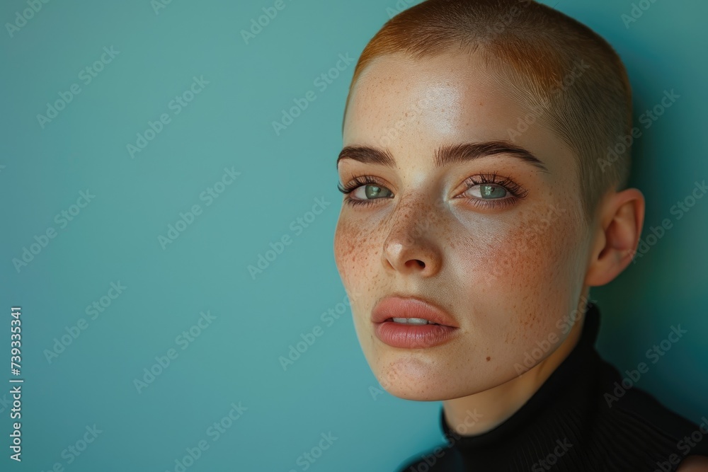 Captivating portrait of a bold and unique woman with freckled skin, a buzz cut, and piercing ...