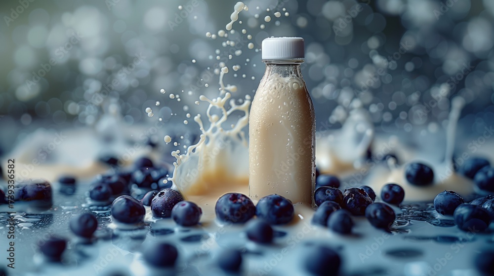 Bottled milk or yogurt It was placed on top of milk splashing with ...