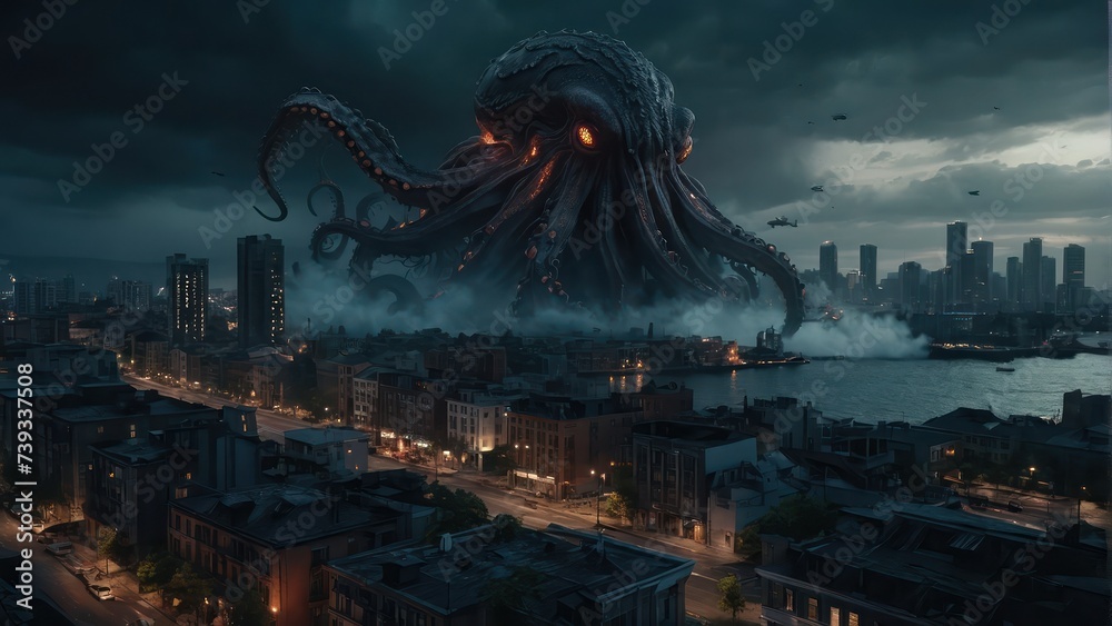 an enormous octopus-like creature emerges from the depths, its massive ...