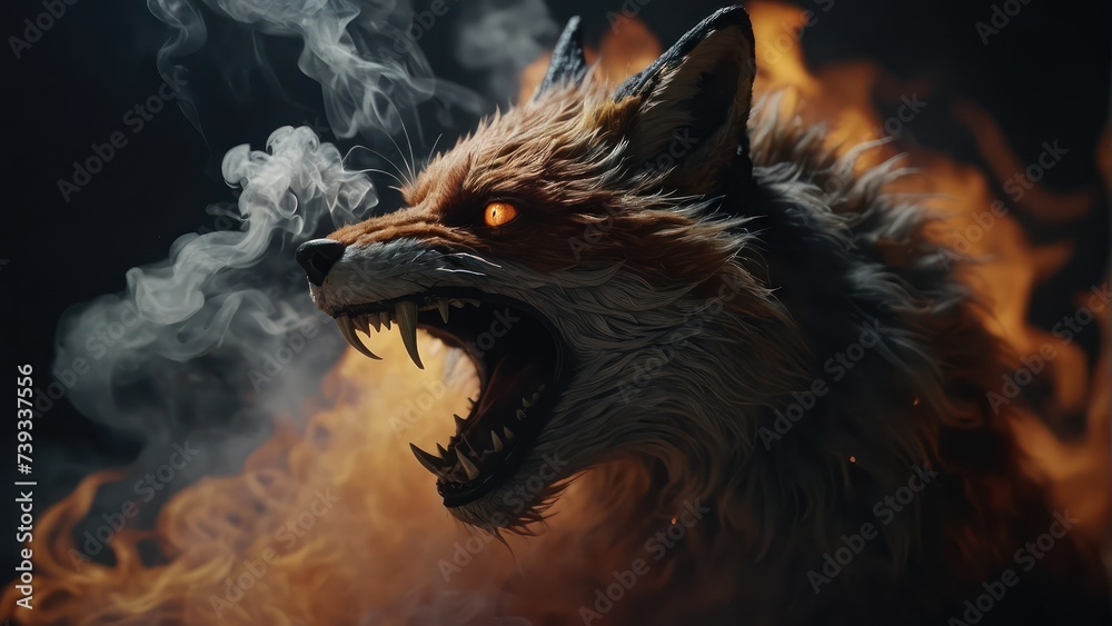 fox surrounded by flames and smoke, giving it an intense and mystical ...