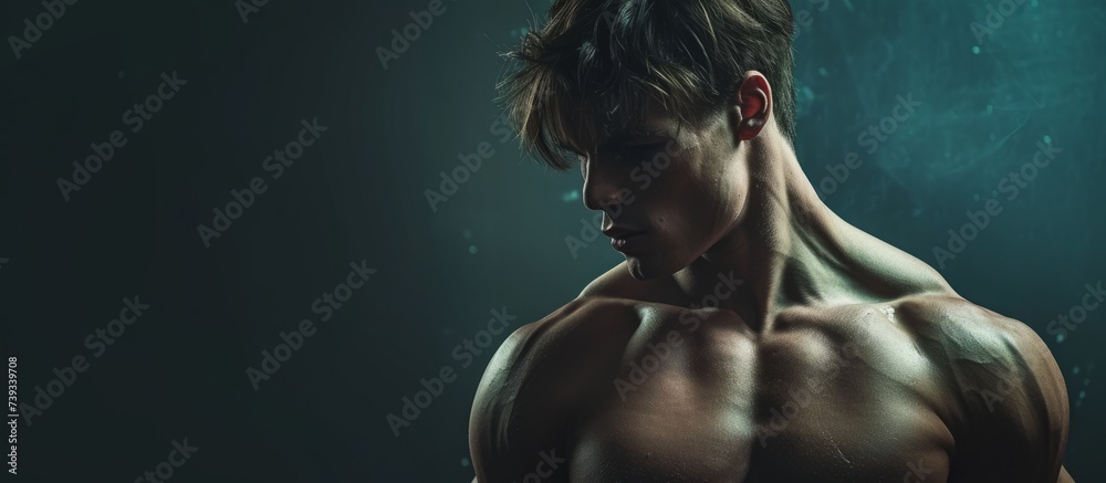 Muscular shirtless man gazing downwards with intense expression ...