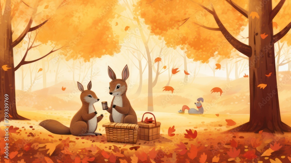 Cartoon illustration of a family of bunny rabbits having an autumn ...