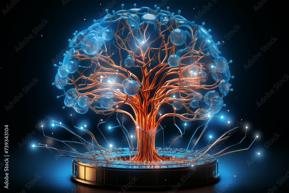 Artistic representation of a neural network tree glowing on a ...