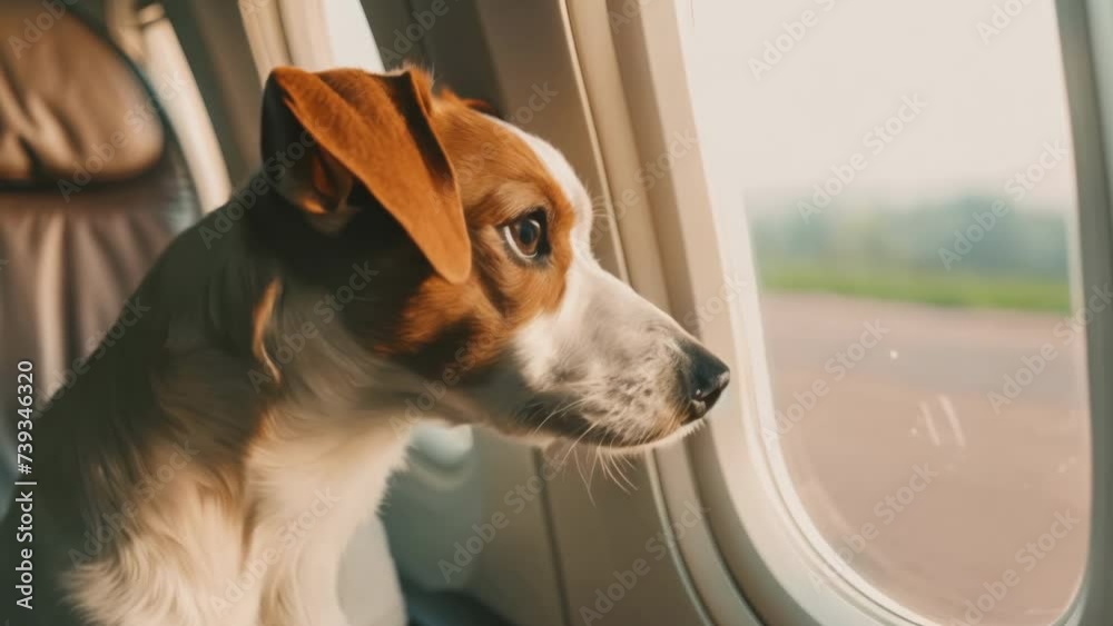 Funny dog sit in plane cabin looking sky out the window. Animal ...
