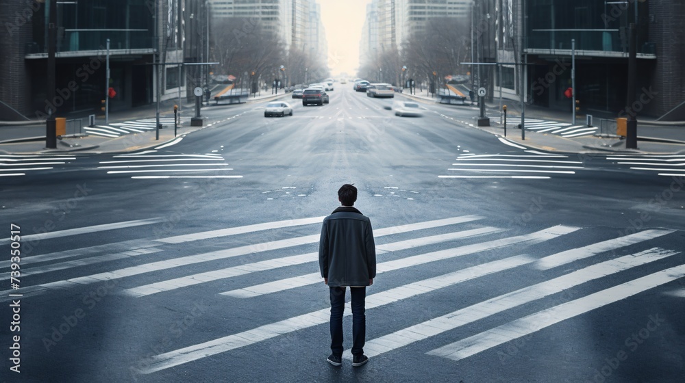 View from behind of person standing at intersection which is a point of ...