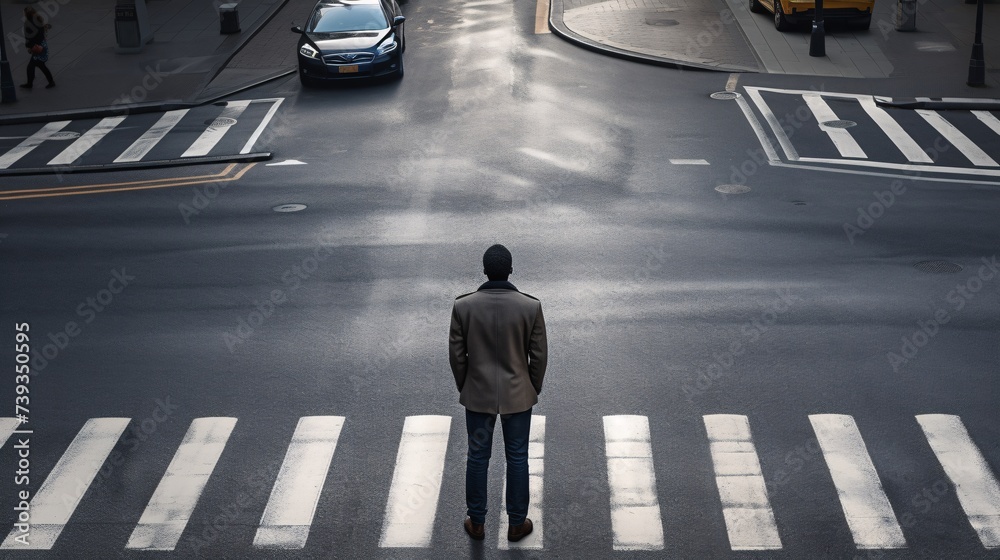 View from behind of person standing at intersection which is a point of ...