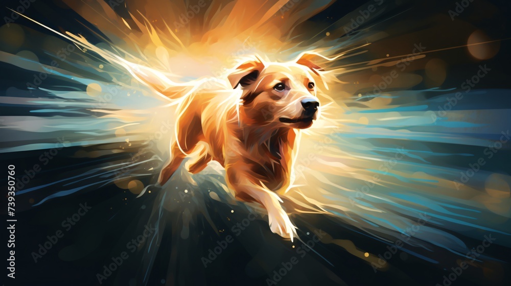 dog ran fast and the lights passed in long line.is an image that tells ...