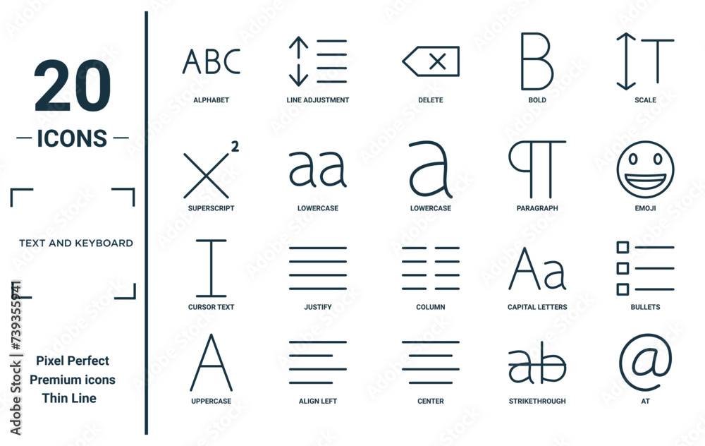 text and keyboard linear icon set. includes thin line alphabet ...