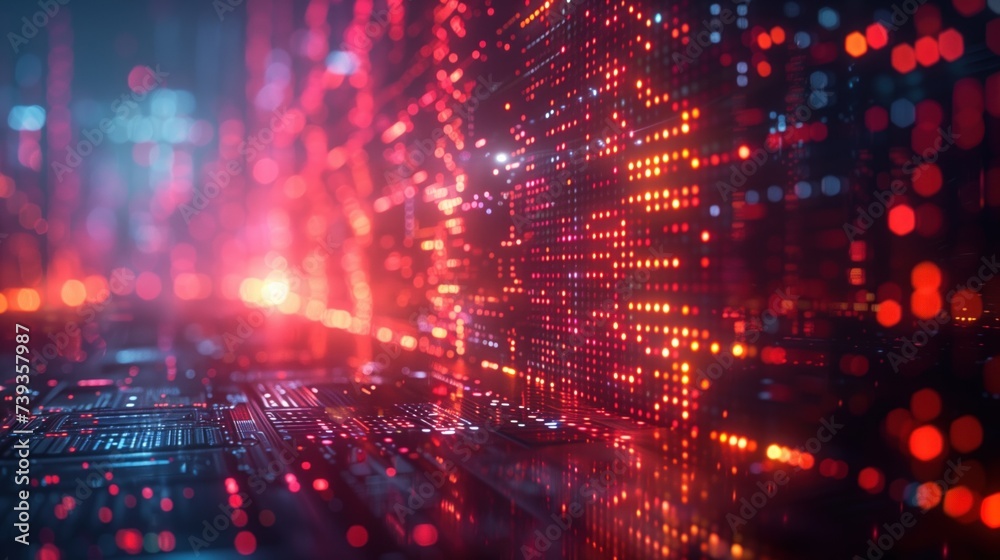 Abstract Financial Data Visualization With Glowing Lines And Graph Like Rising And Falling Bars