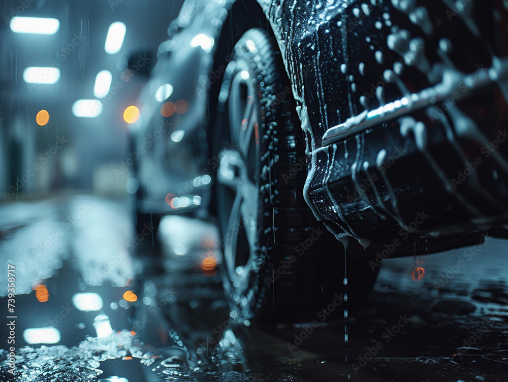 Water splashing around the wheel of a shiny car being washed on a wet ...