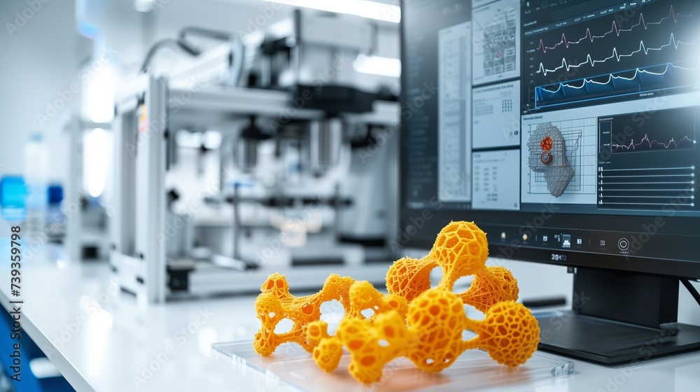 3D printing setup in a laboratory environment, producing intricate ...