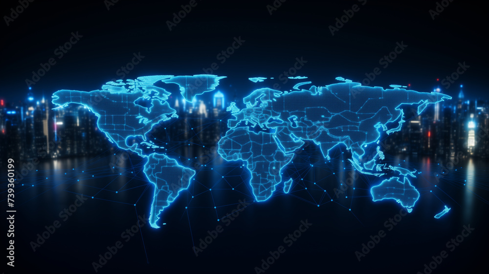 digital world map with blue glowing pixels, internet connected modern ...