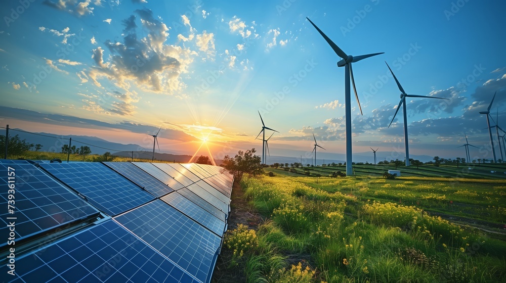 Sunset view over a field of renewable energy sources featuring wind ...