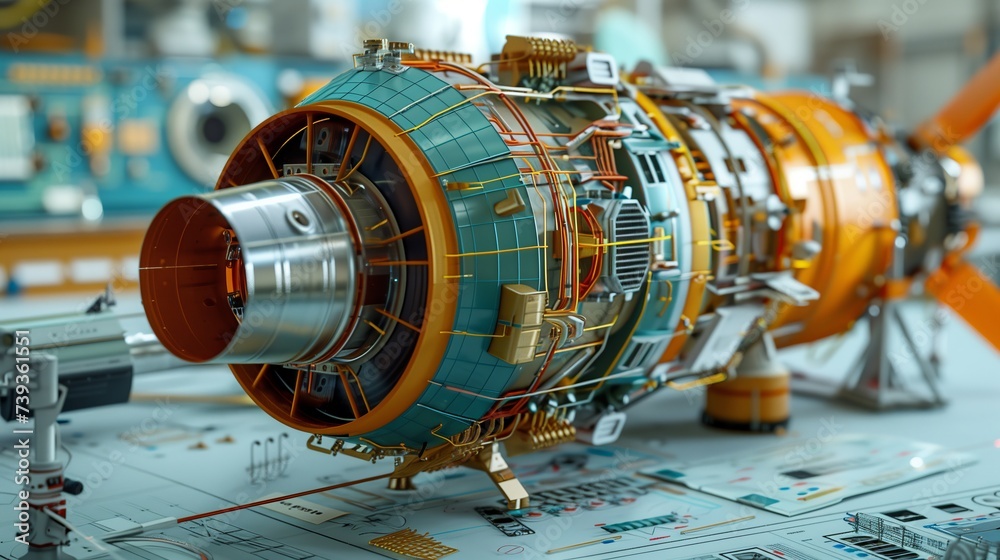 A sophisticated 3D model of an aerospace engine displayed over ...