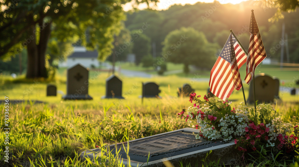 American flags placed at military graves, solemn and respectful ...