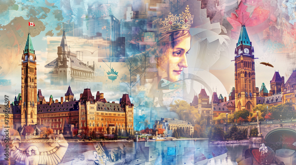 Historic Canadian landmarks and symbols, collage style, with Victoria ...