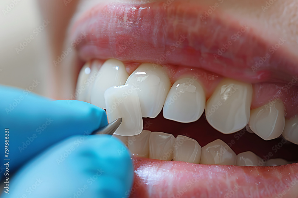 The dentist uses a tooth color sample from the palette. Choosing the ...