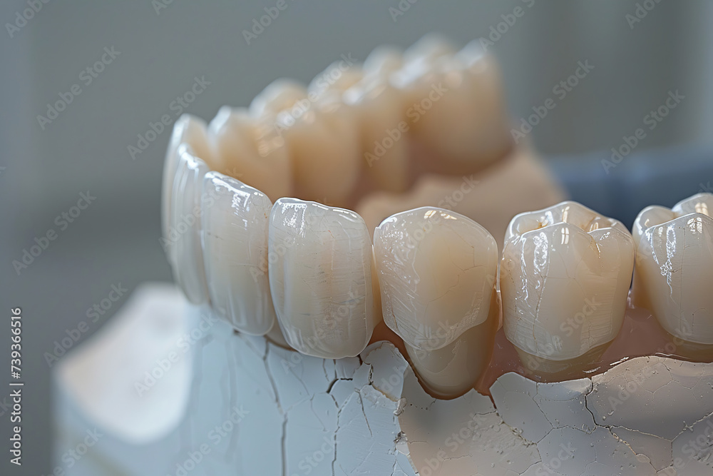 A very realistic model or cast of the lower jaw of human teeth. Close ...